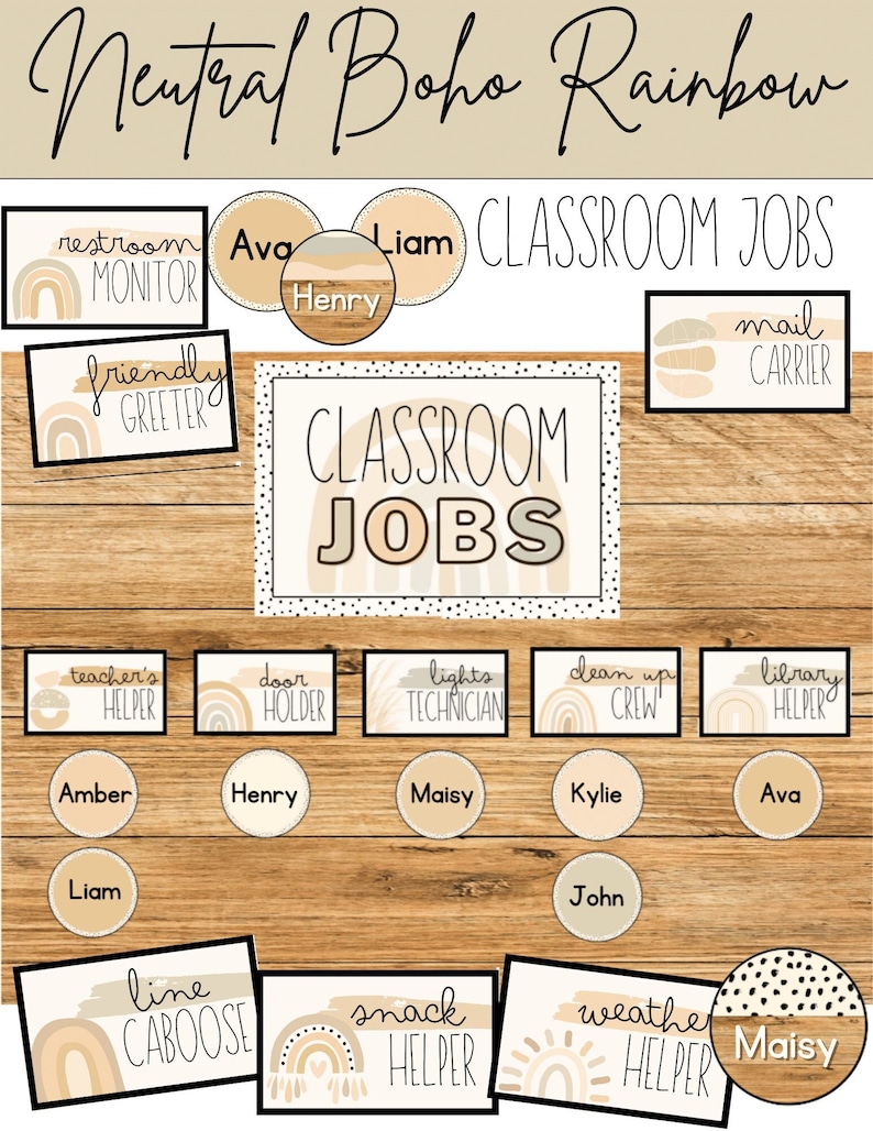 Neutral Boho Rainbow Classroom Jobs Display editable | Etsy