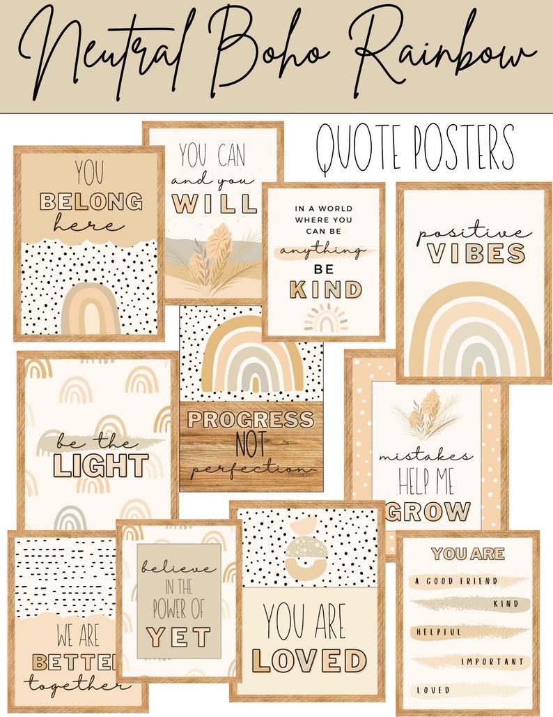 Neutral Boho Rainbow Classroom Motivational Quote Posters - Etsy