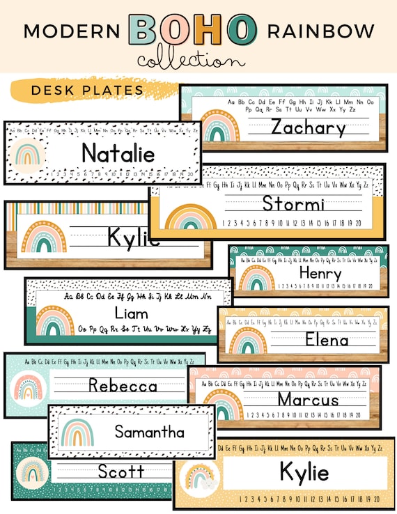 Modern Boho Rainbow Classroom Desk Plates editable - Etsy