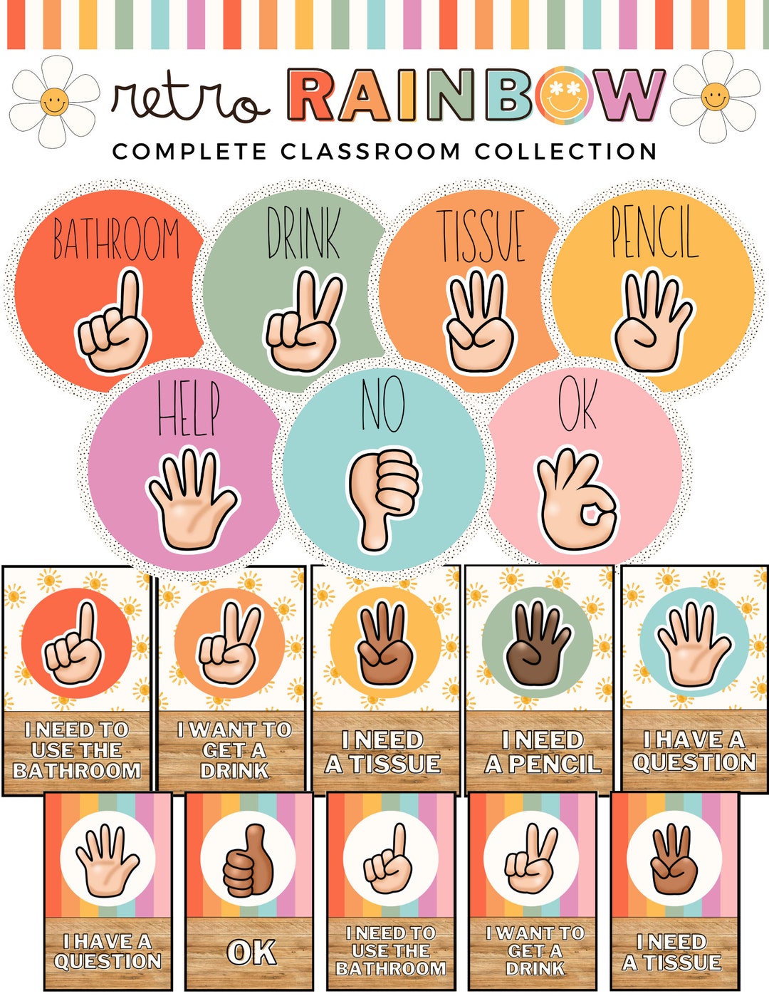 Retro Rainbow Hand Signals Classroom Posters [editable] - Etsy