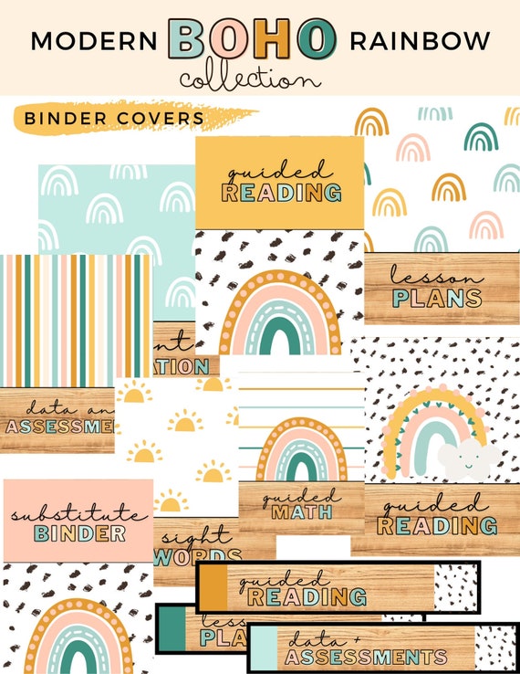 Modern Boho Rainbow Binder Covers editable | Etsy