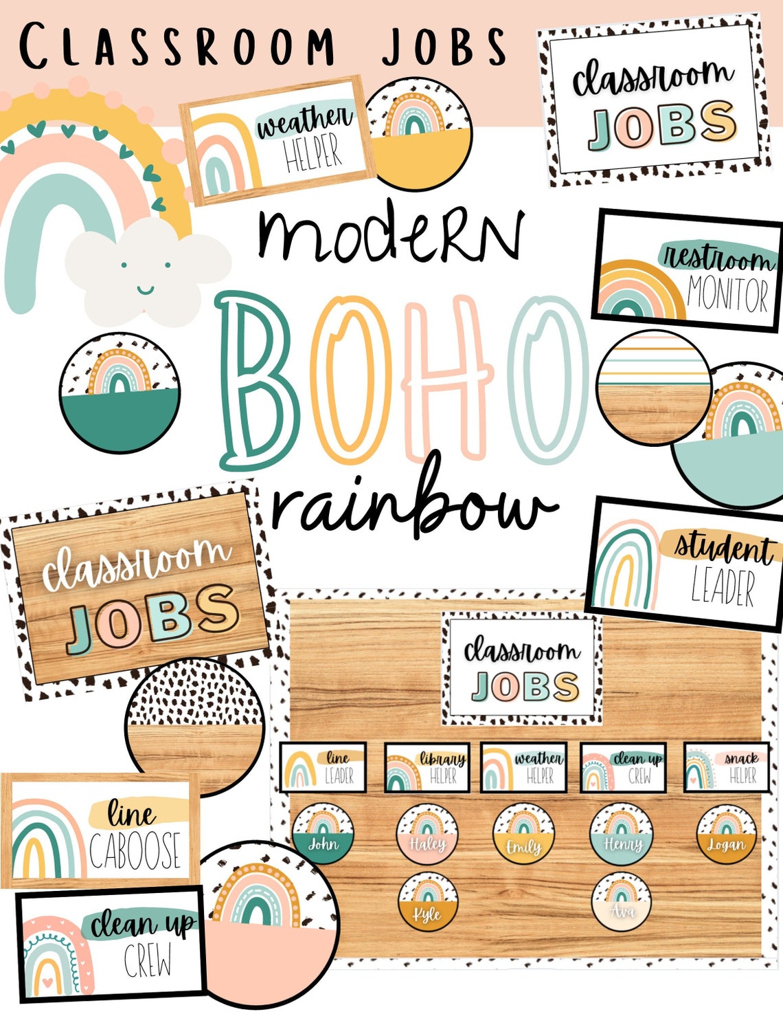 Modern Boho Rainbow Classroom Jobs Display editable | Etsy