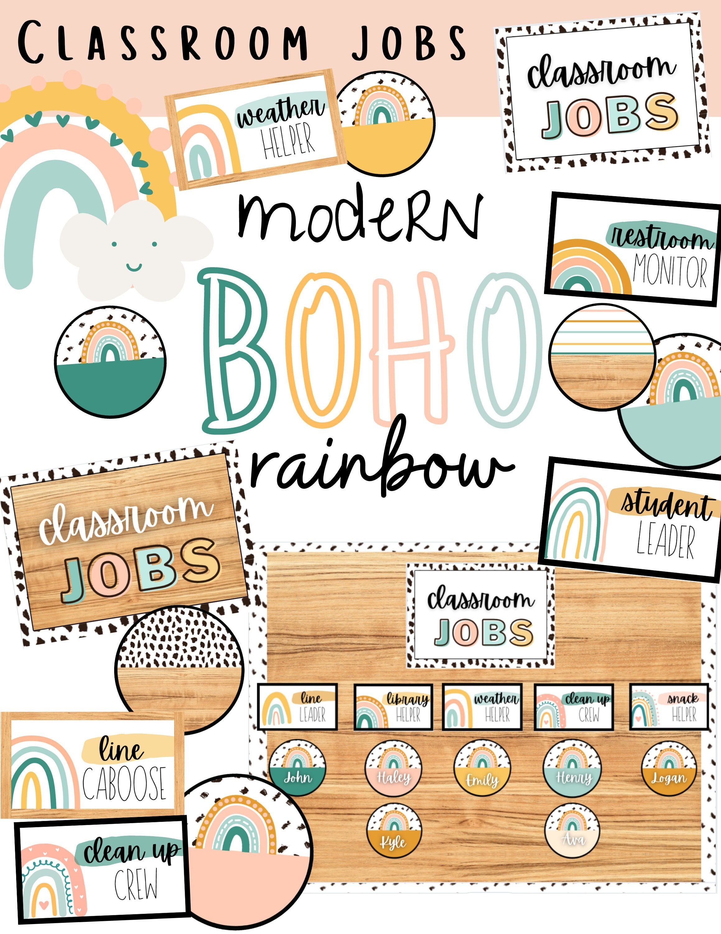 Modern Boho Rainbow Classroom Jobs Display editable | Etsy