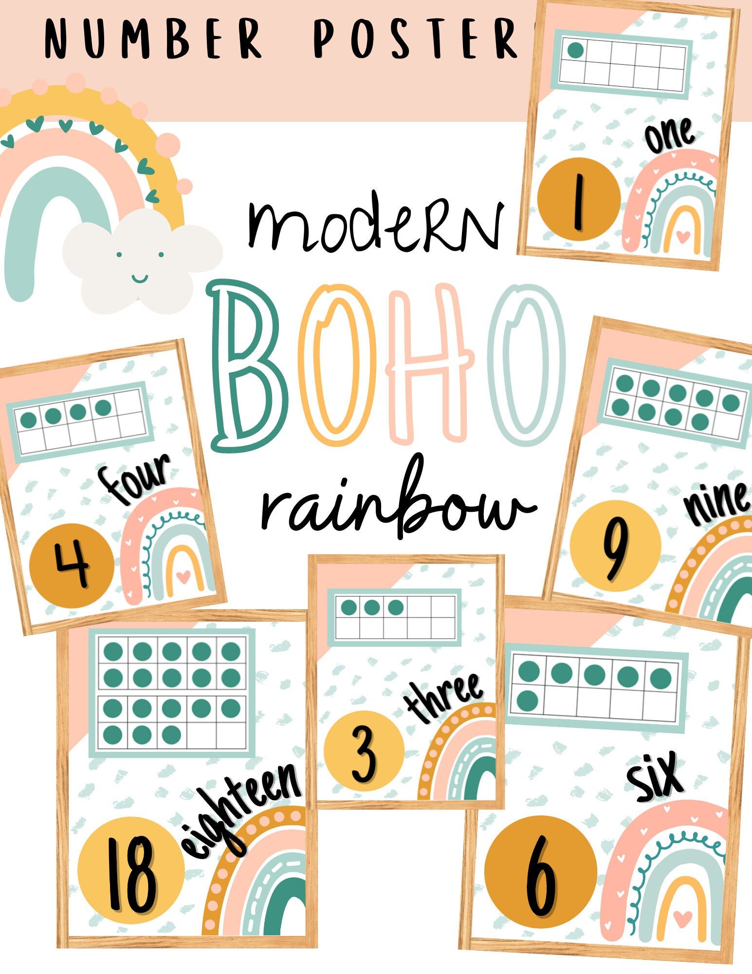 Modern Boho Rainbow Classroom Number Posters | Etsy