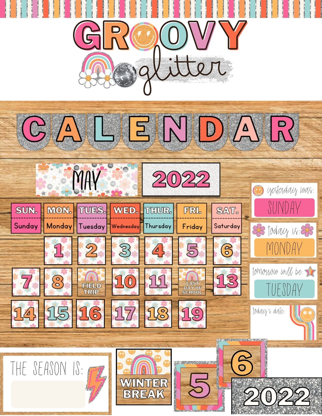 Groovy Glitter Classroom Calendar - Etsy