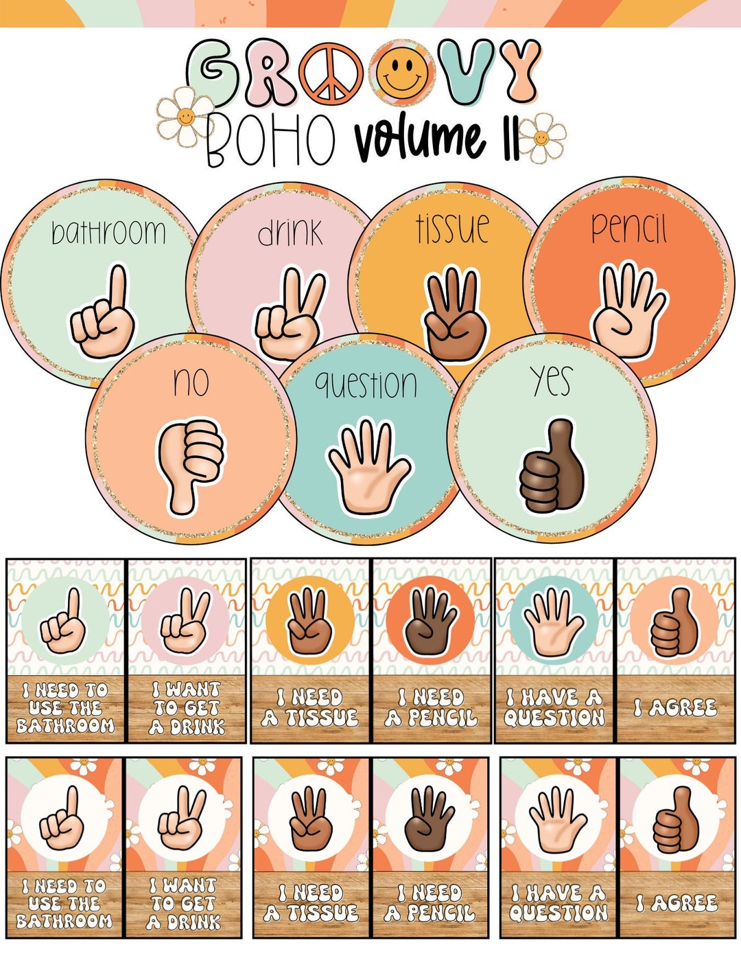 Groovy Boho Volume II Hand Signals Classroom Posters [editable] - Etsy