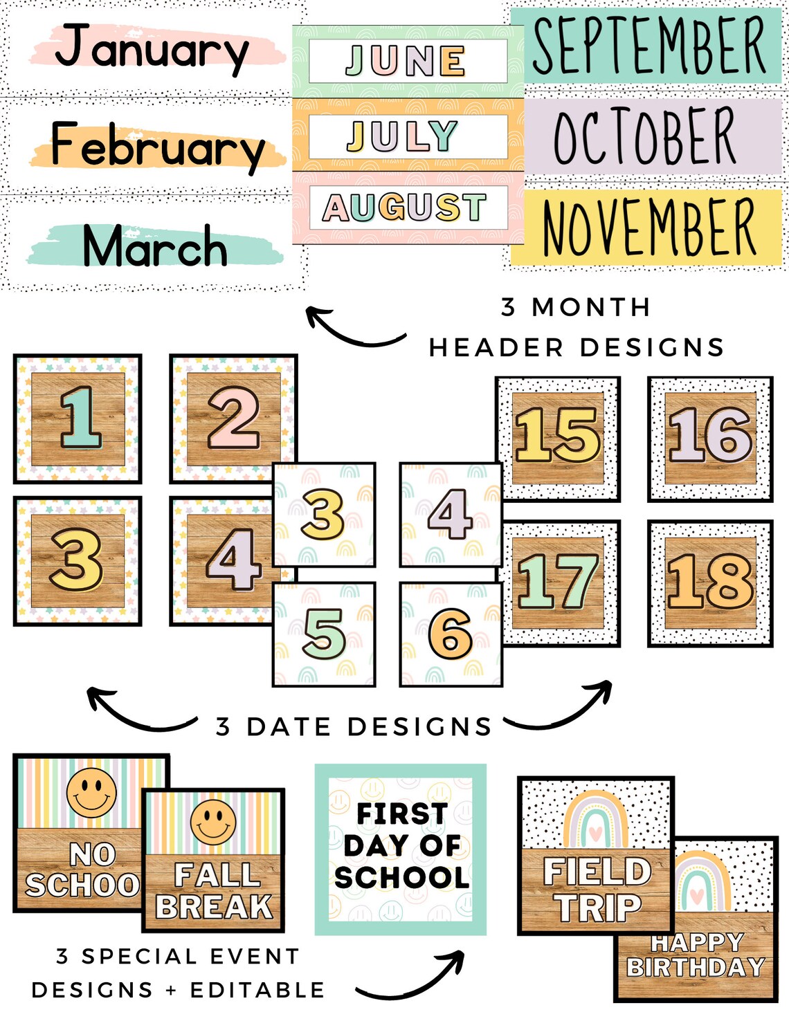 Pastel Boho Rainbow Classroom Calendar editable Features | Etsy