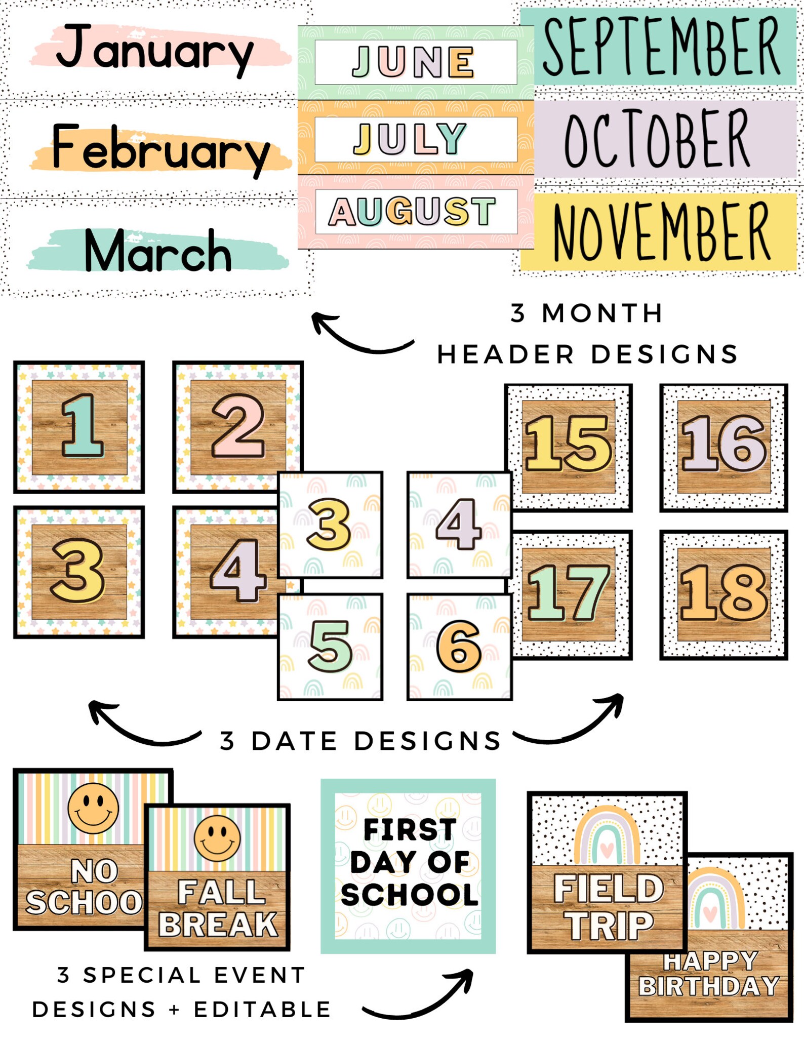 Pastel Boho Rainbow Classroom Calendar editable Features | Etsy