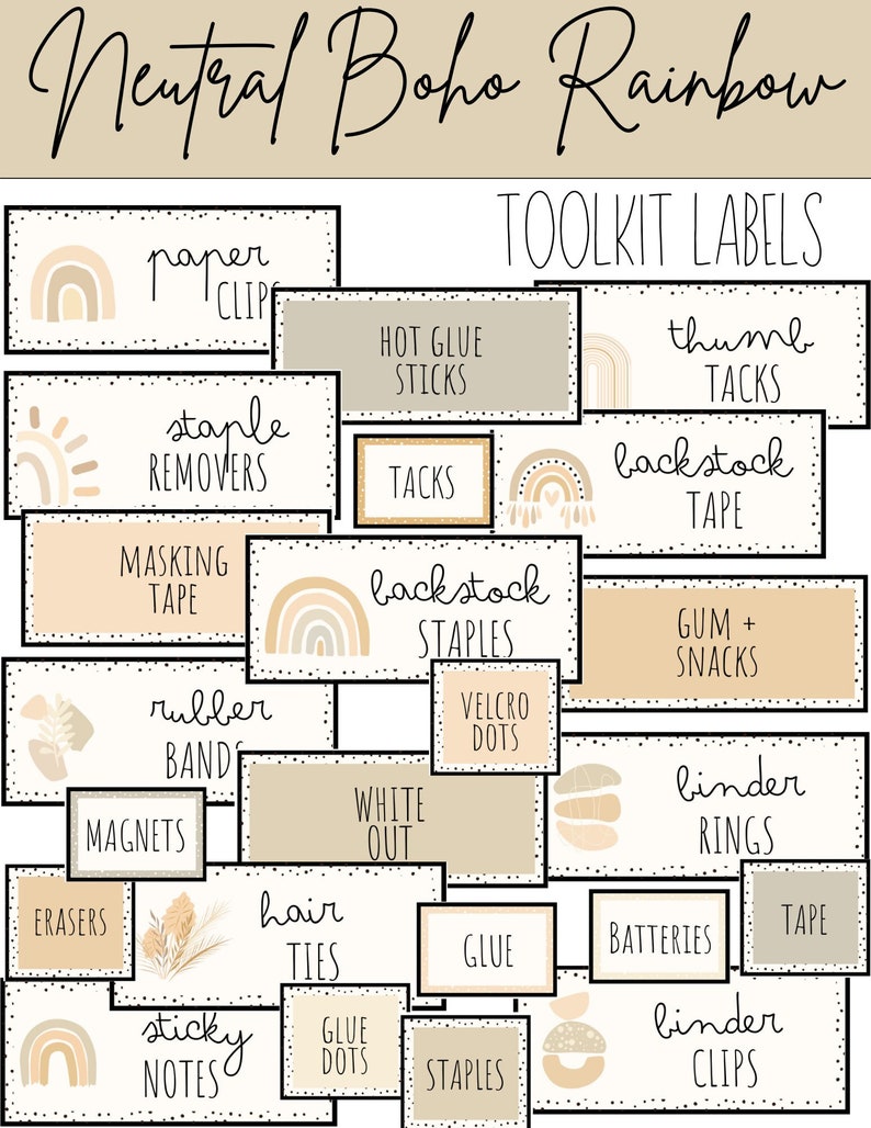 Neutral Boho Rainbow Teacher Toolbox Labels editable - Etsy