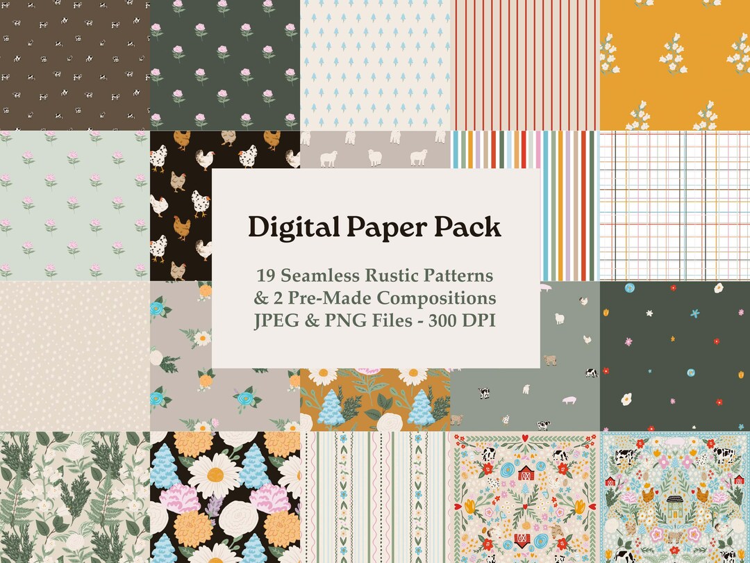 Rustic Farmhouse Digital Paper Pack Country Farm Animals & Floral ...
