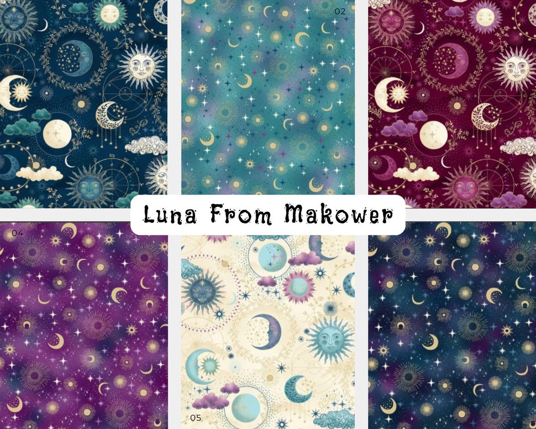Makower Luna Fabric Metallic Celestrial Collection Sun Moon Stars Constellations Cosmos Blue ...