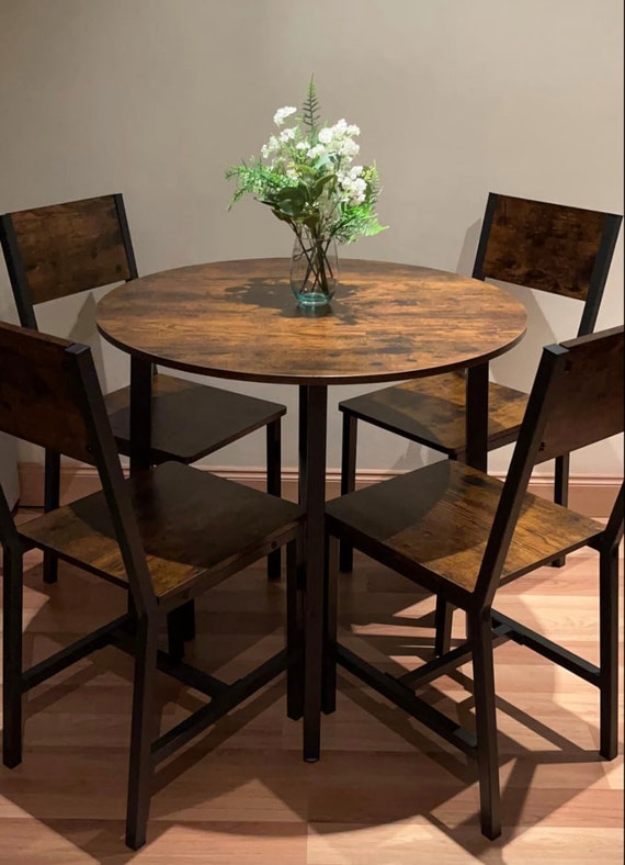 Industrial Dining Table Round 4 Rustic Chairs Set Vintage Metal Wood Blend Furniture Kitchen Retro Living room Heavy Duty
