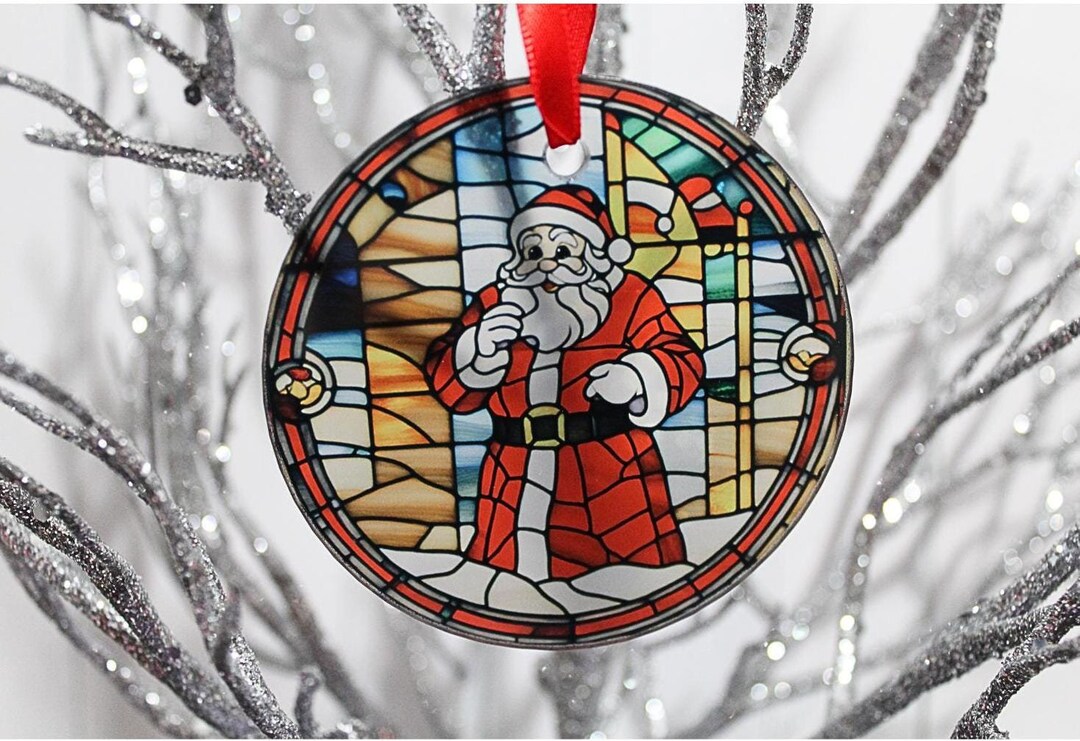 Santa Stained Glass Flat Glass Christmas Tree Ornament - Etsy