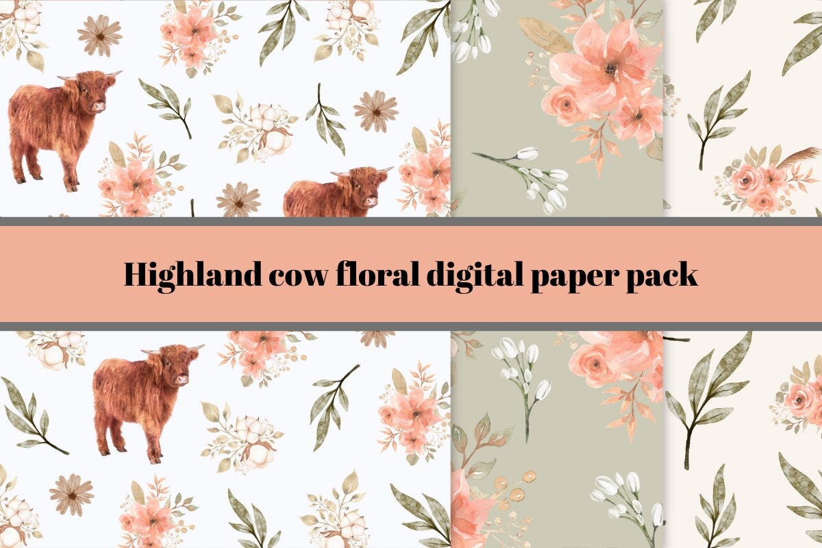 Highland Cow Floral Paper Pack, Digital Download, Cow Papers, Digital ...