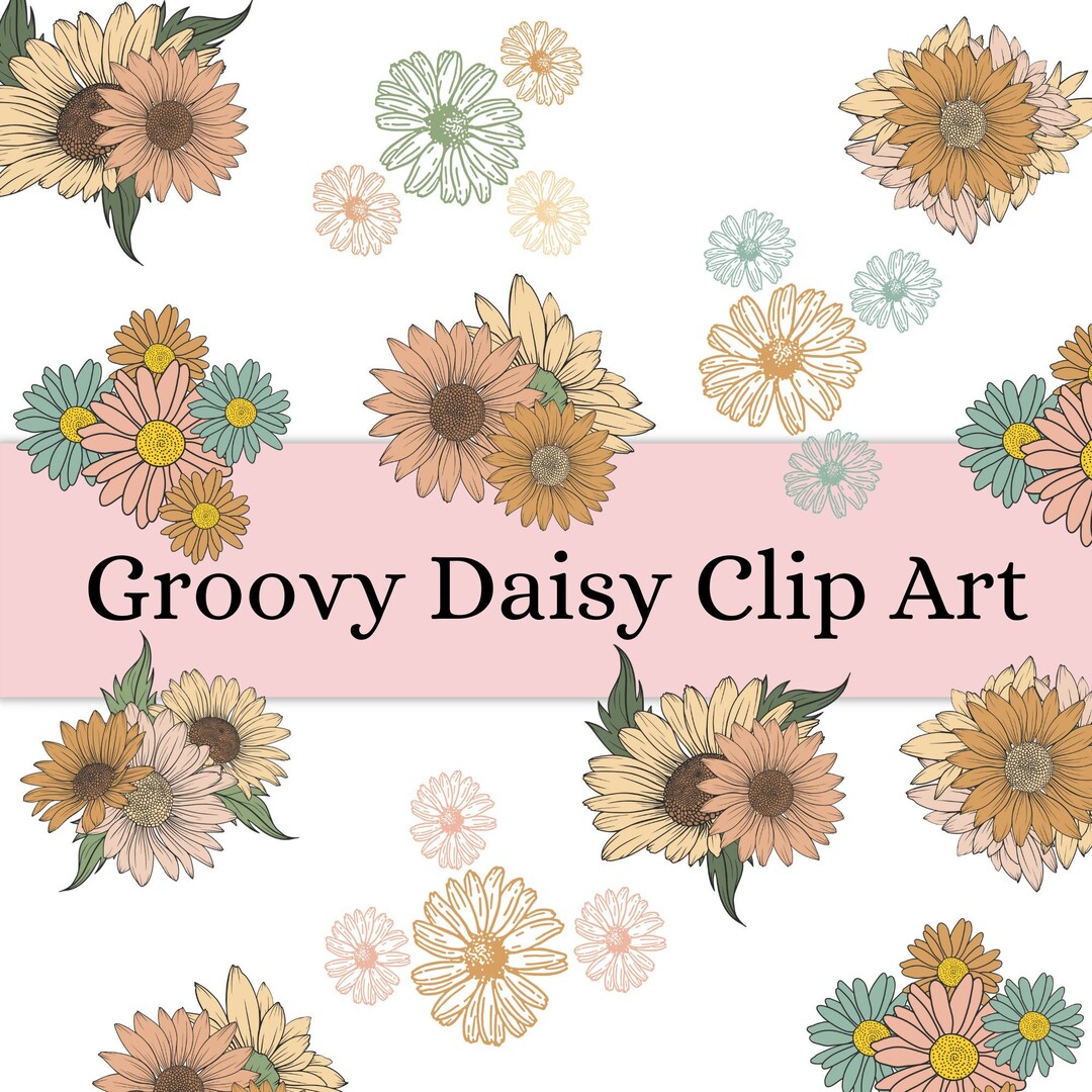 Retro Daisy Clipart, Boho, Clip Art, Clipart Flowers, Clip Art, Groovy ...