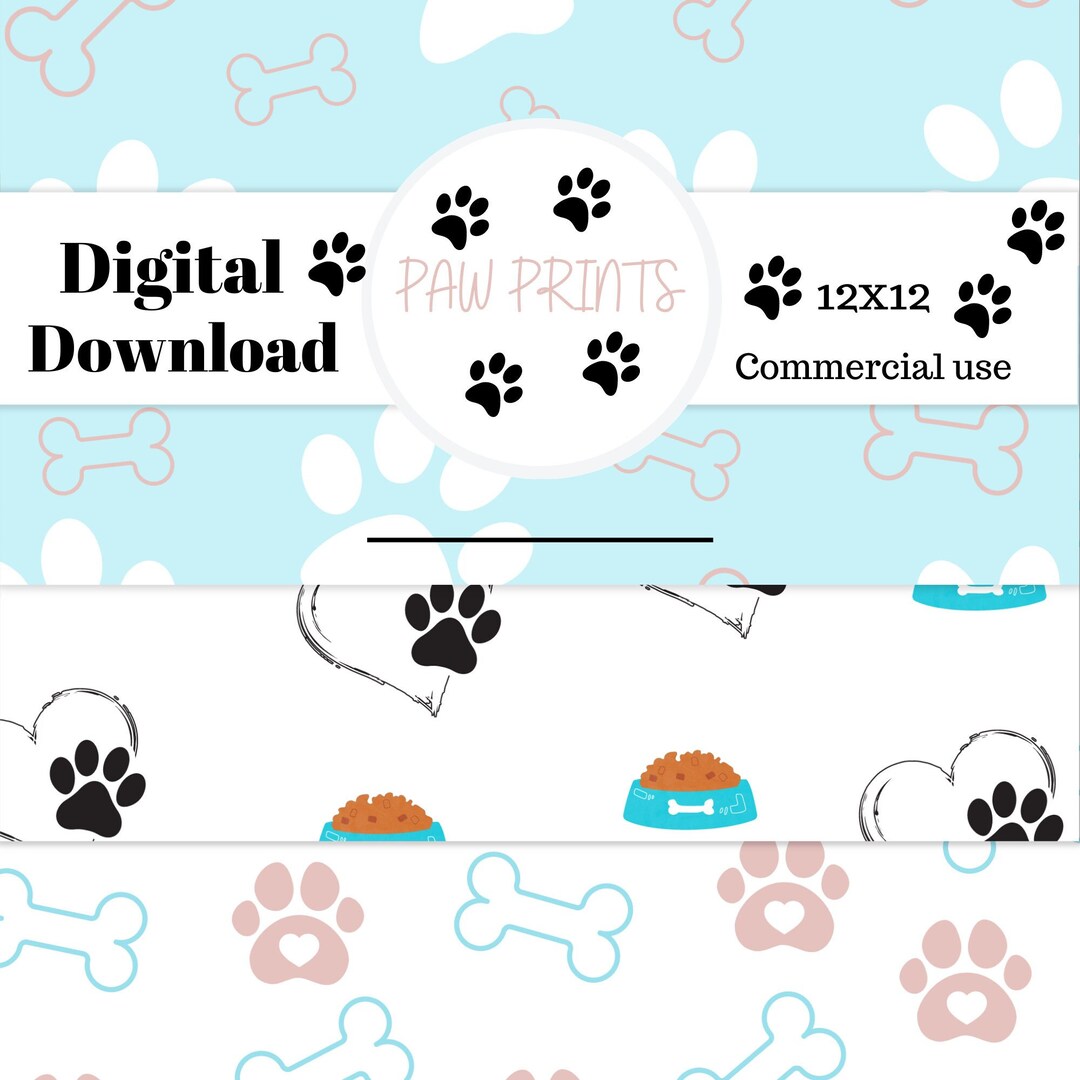 Dog Paw Digital Paper Pack, Pets, Blue, Pink, White, Sublimation, Puppy ...