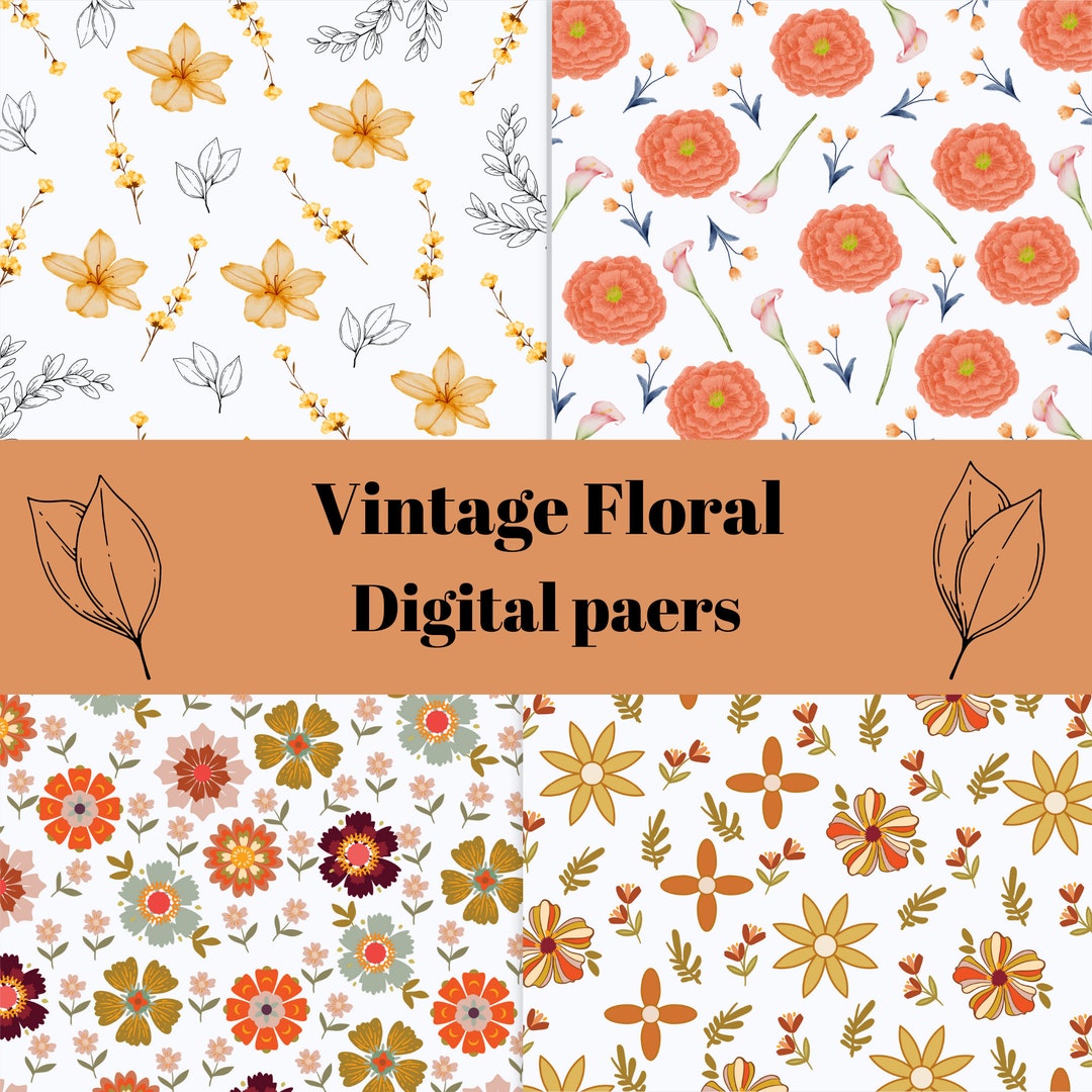 Vintage Watercolor Floral Paper Pack, Orange, Yellow, Brown, Flower ...