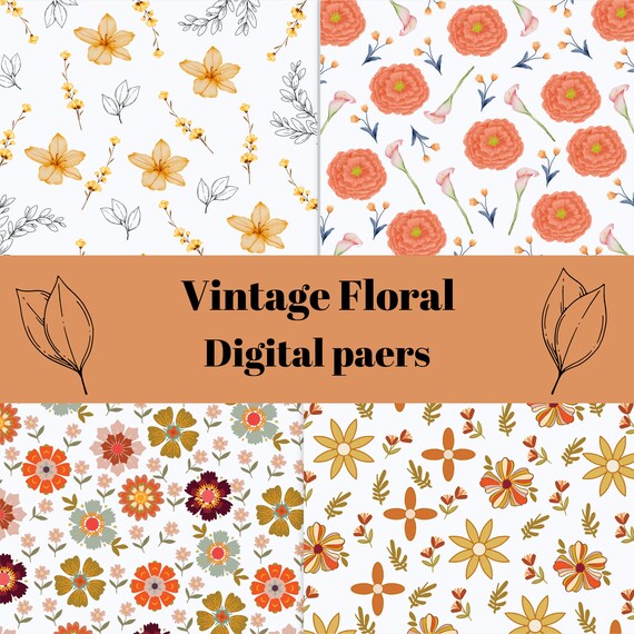 Vintage Watercolor Floral Paper Pack Orange Yellow Brown - Etsy