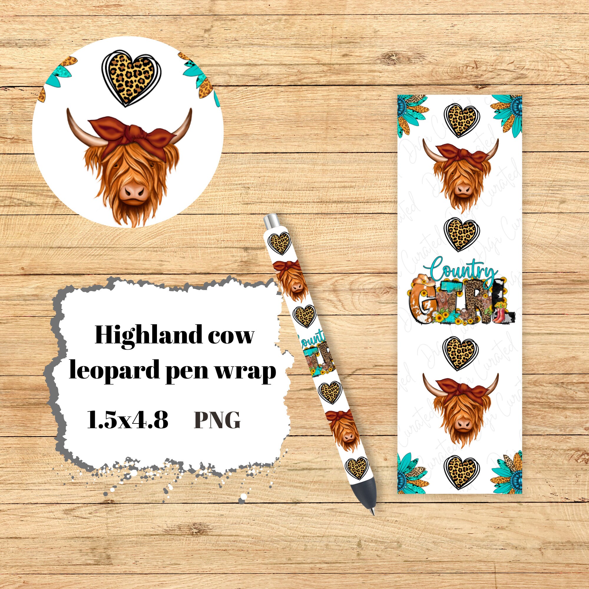 Highland Cow Leopard Pen Wrap, Cow Pen, Leopard Print, Digital Pen Wrap ...