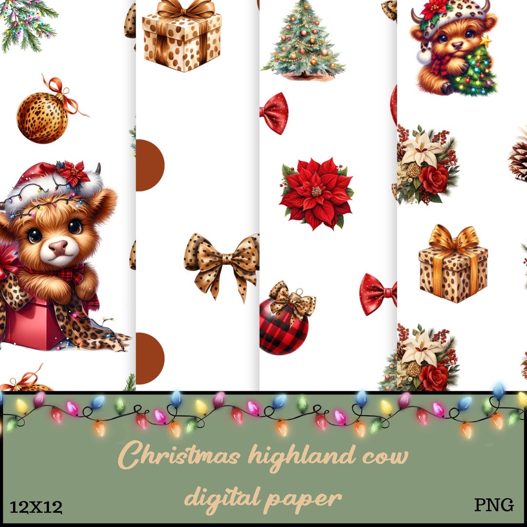 Highland Cow Christmas Digital Papers, Highland Cow Printable Paper ...