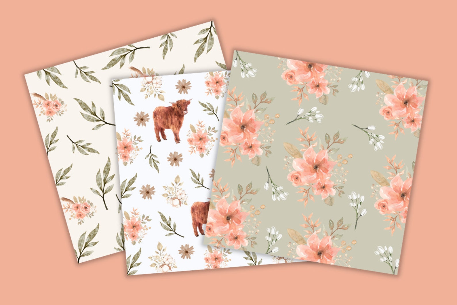 Highland Cow Floral Paper Pack, Digital Download, Cow Papers, Digital ...