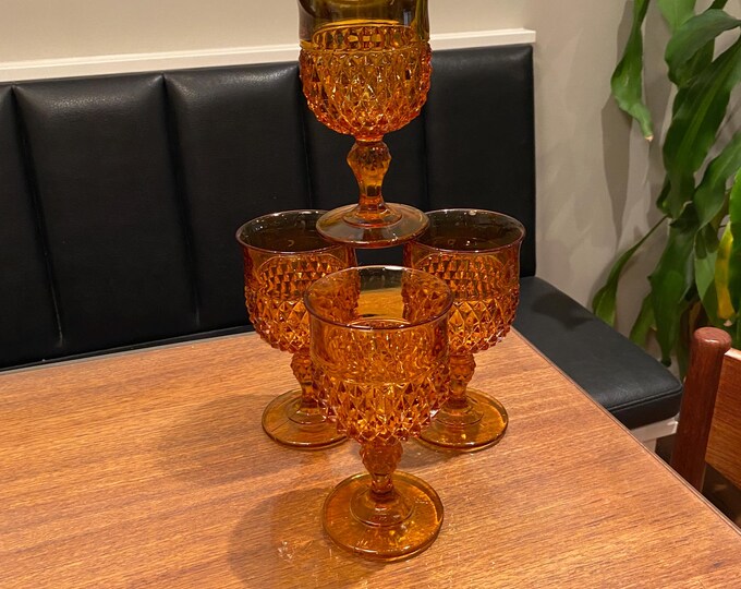 Vintage Indiana Glass, Diamond Point Amber Wine Goblets With Gold Set ...