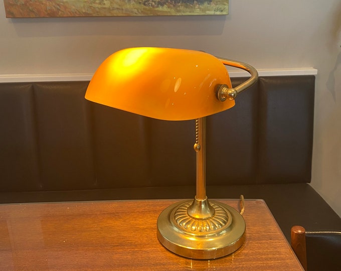 Rare Vintage Brass Amber Orange Shade Bankers Library Desk Lamp ...
