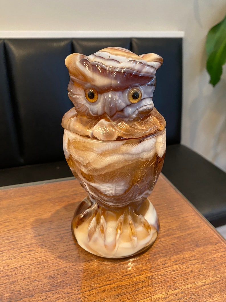 Imperial Glass Co Carmel Slag Owl Covered Jar 6 1/2" Tall 1950's ...