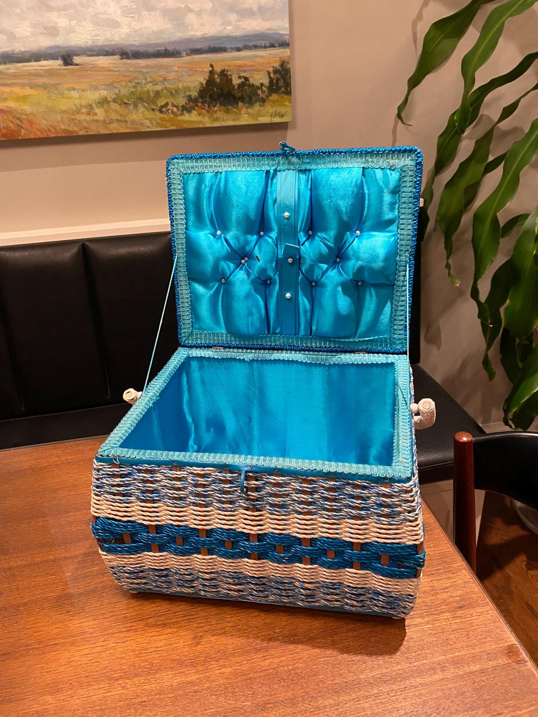 Vintage Sewing Basket Colorful Blue Retro Craft Storage Box / Vintage ...