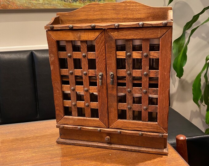 Vintage Wood Wall Spice Cabinet Rack Two Drawers With 12 Jars Vintage ...