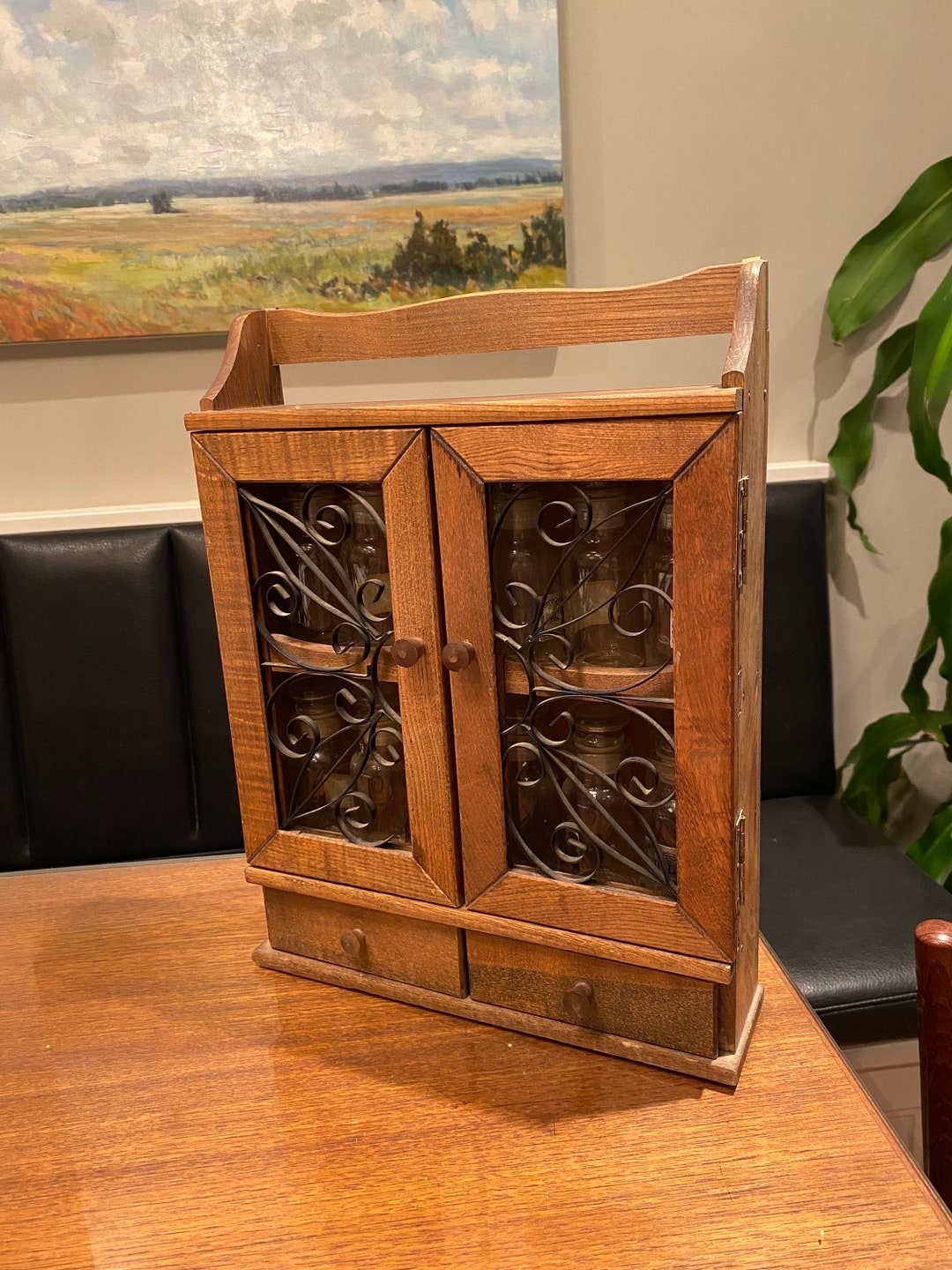 Vintage Wood Wall Spice Cabinet Rack Two Drawers With 12 Jars Vintage ...