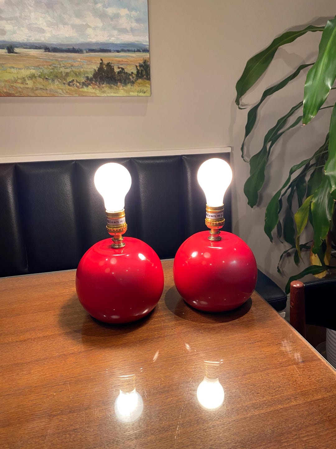 Pair of Vintage Red Round Touch Lamps / Pair of Vintage Red Orb Touch ...