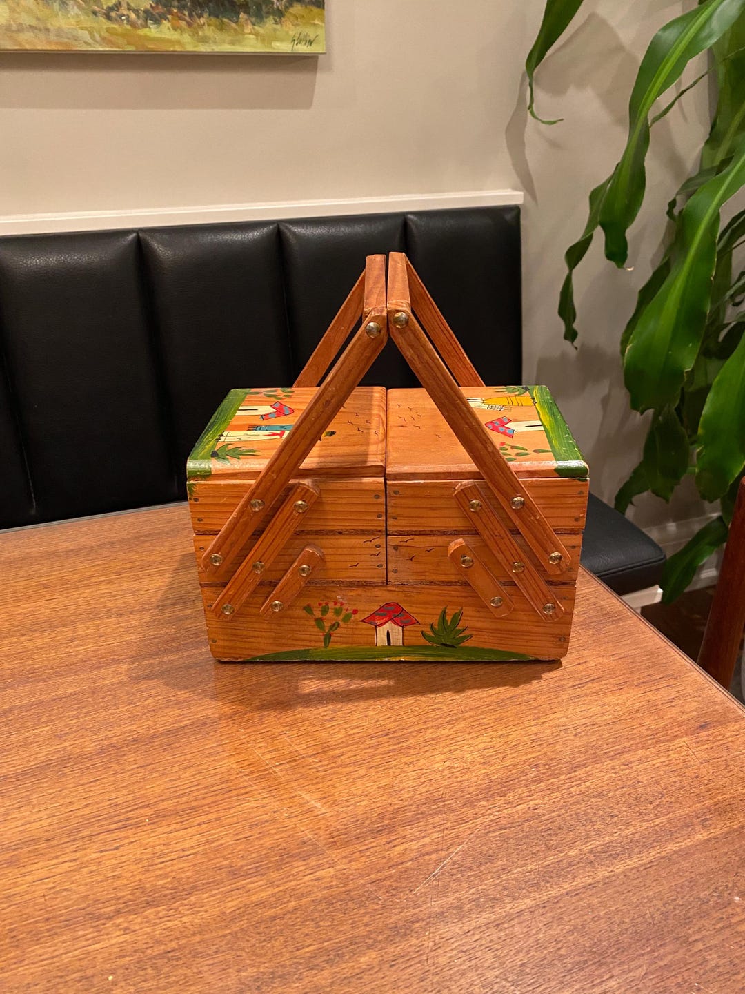 Vintage MCM Wood Retro Style Cantilever Wooden Sewing Basket Box ...