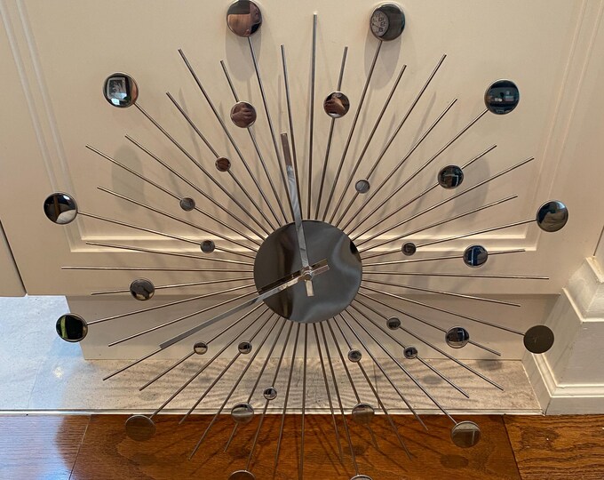 Vintage 19” MCM Mid Century Modern Atomic Starburst Silver Wall Clock ...
