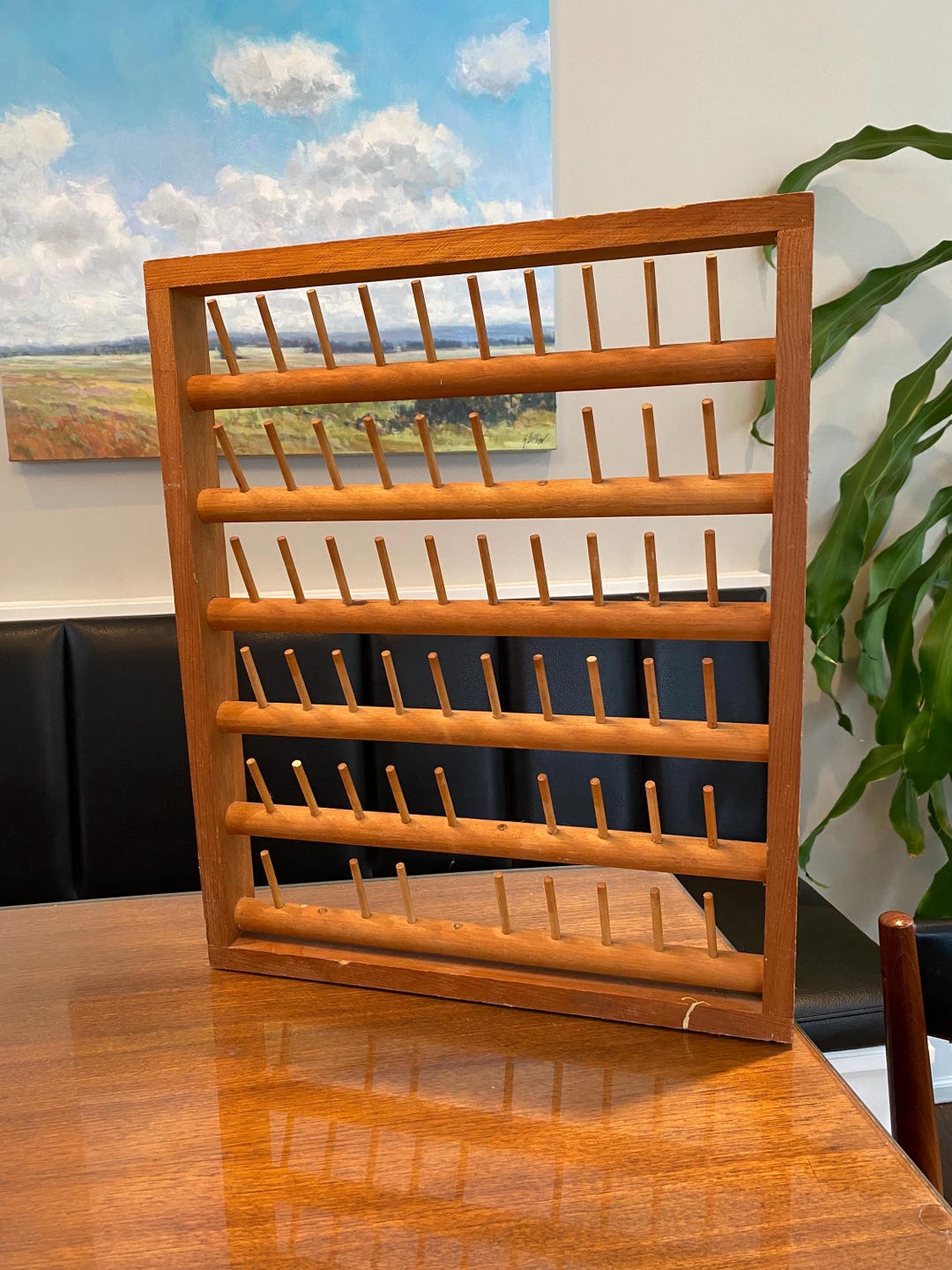 Vintage Wooden Thread Bobbin Rack Spool Holder Wall Mount 60 Pegs ...