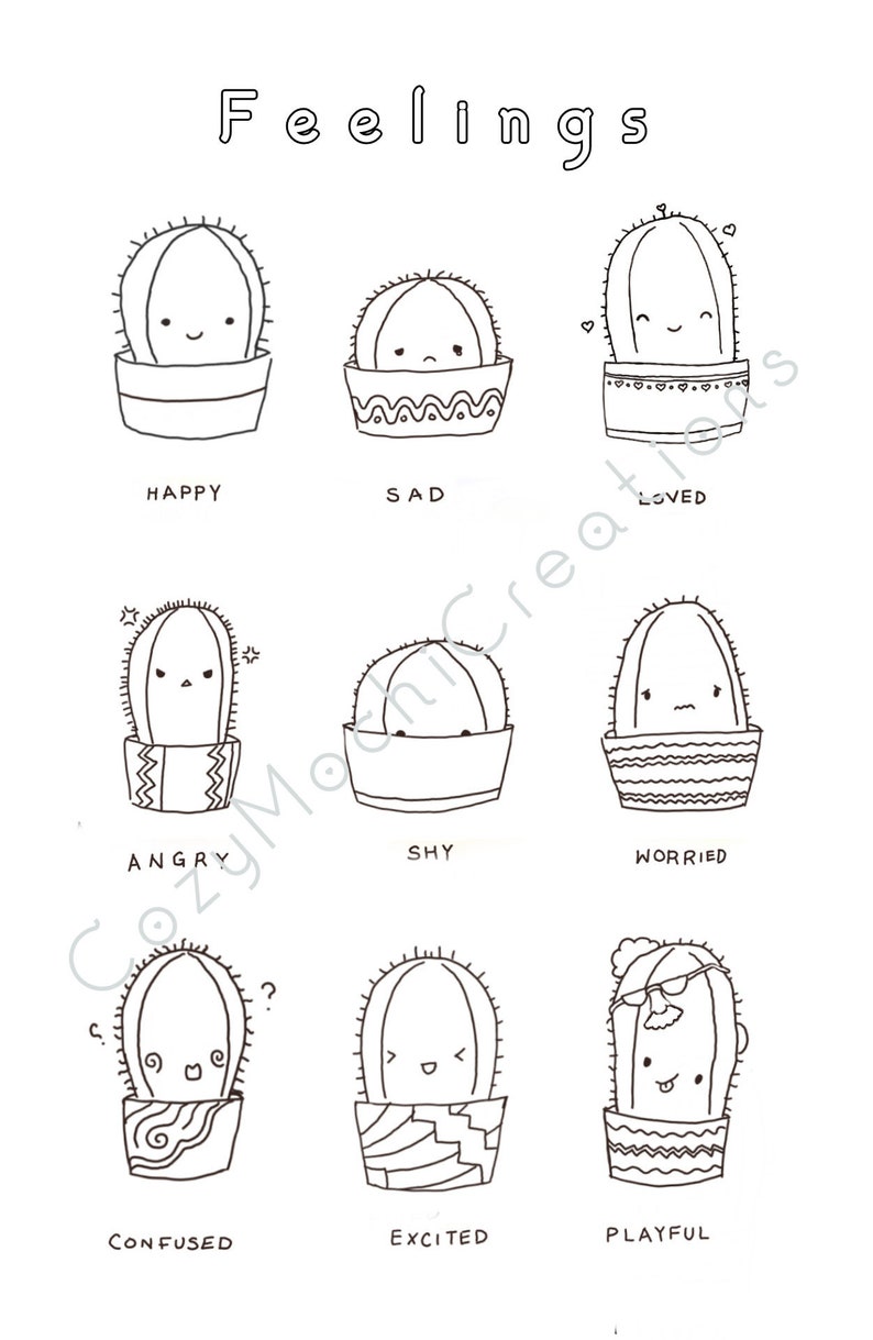 Cactus Plant Emotion and Feelings List With Colouring Page (Download ...