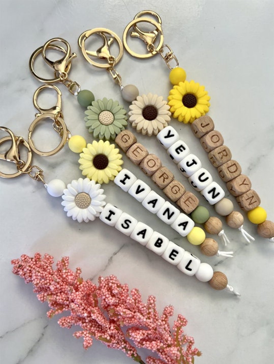 Flower Personalised Key Ring Custom Key Chain Name Bag Tag Gift for ...