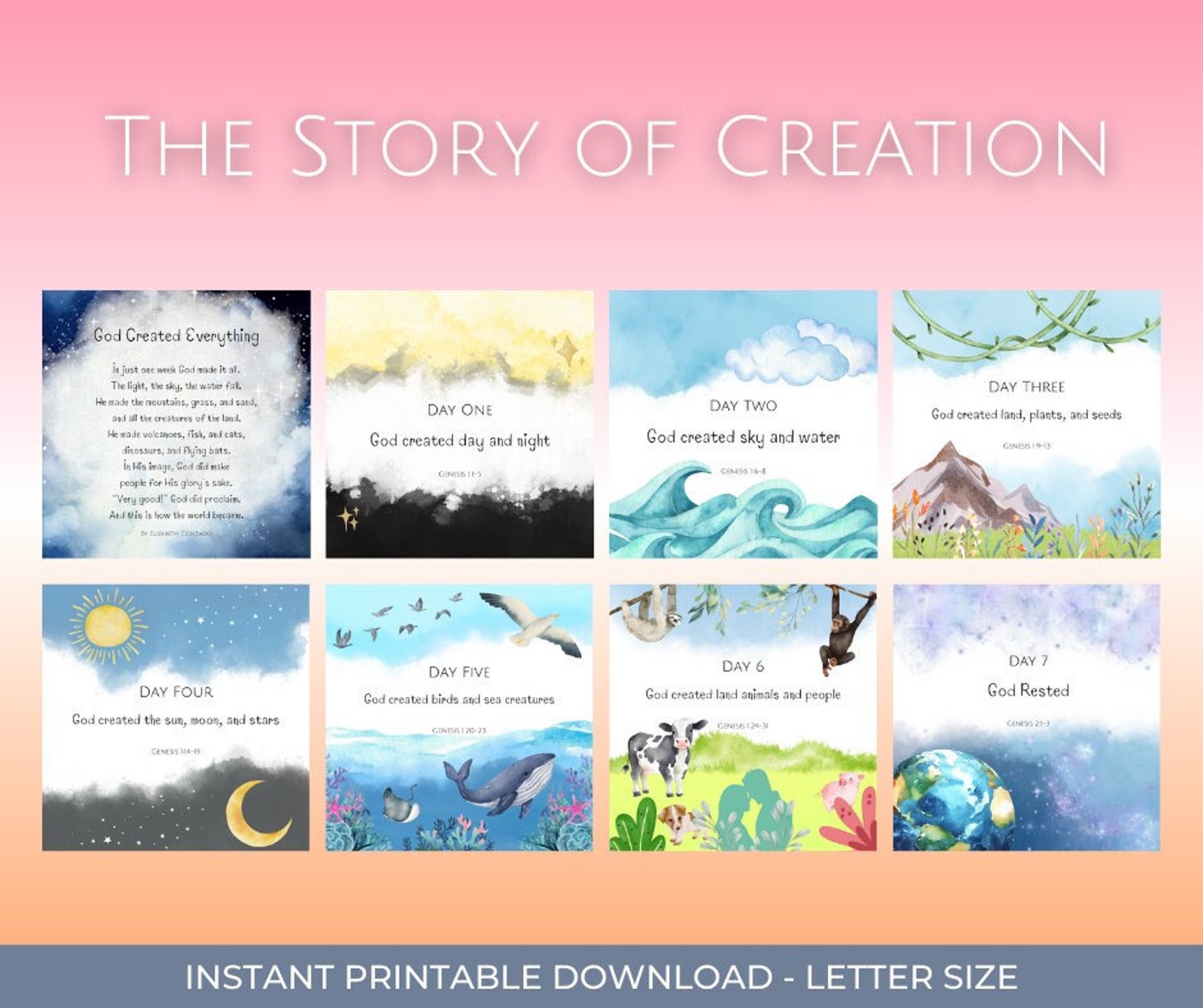 7 Days of Creation Cards: Watercolor Bible Homeschool Art (PDF) - Etsy