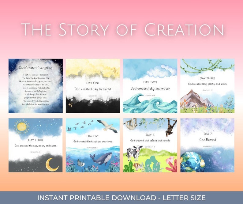 7 Days of Creation Cards: Watercolor Bible Homeschool Art (PDF) - Etsy
