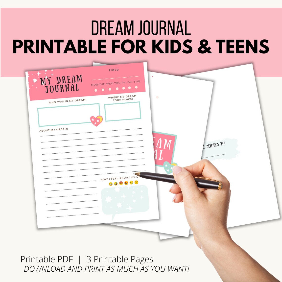Dream Journal Printable for Kids and Teens, Dream Tracker Printable ...