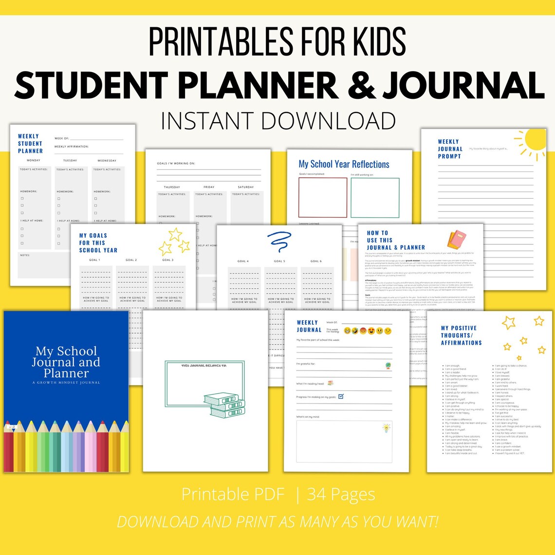 Student Planner and Journal, Growth Mindset Journal, Printable School ...