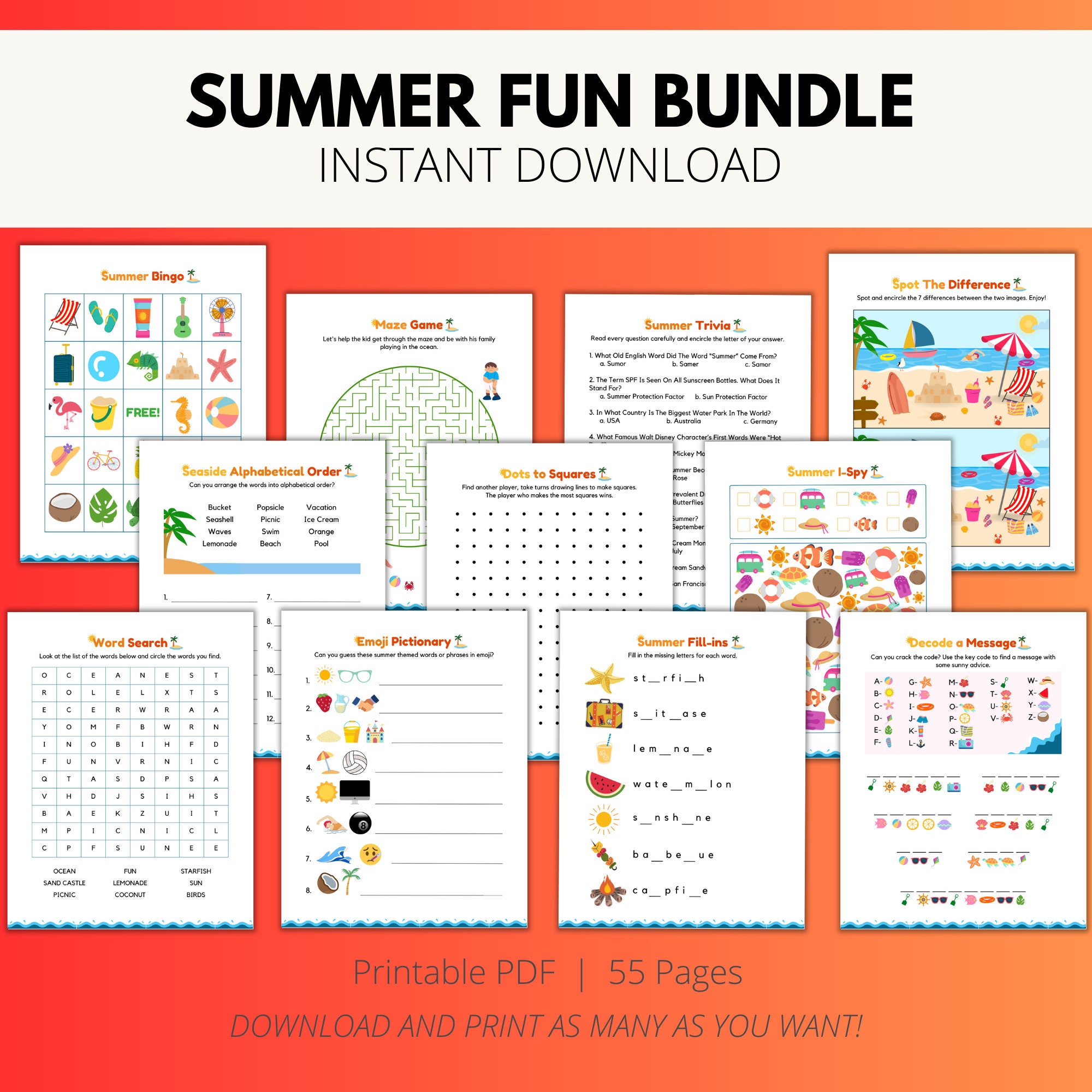 Kids Printable Summer Activities, Activity Bundle for Kids Ages 4-8 ...