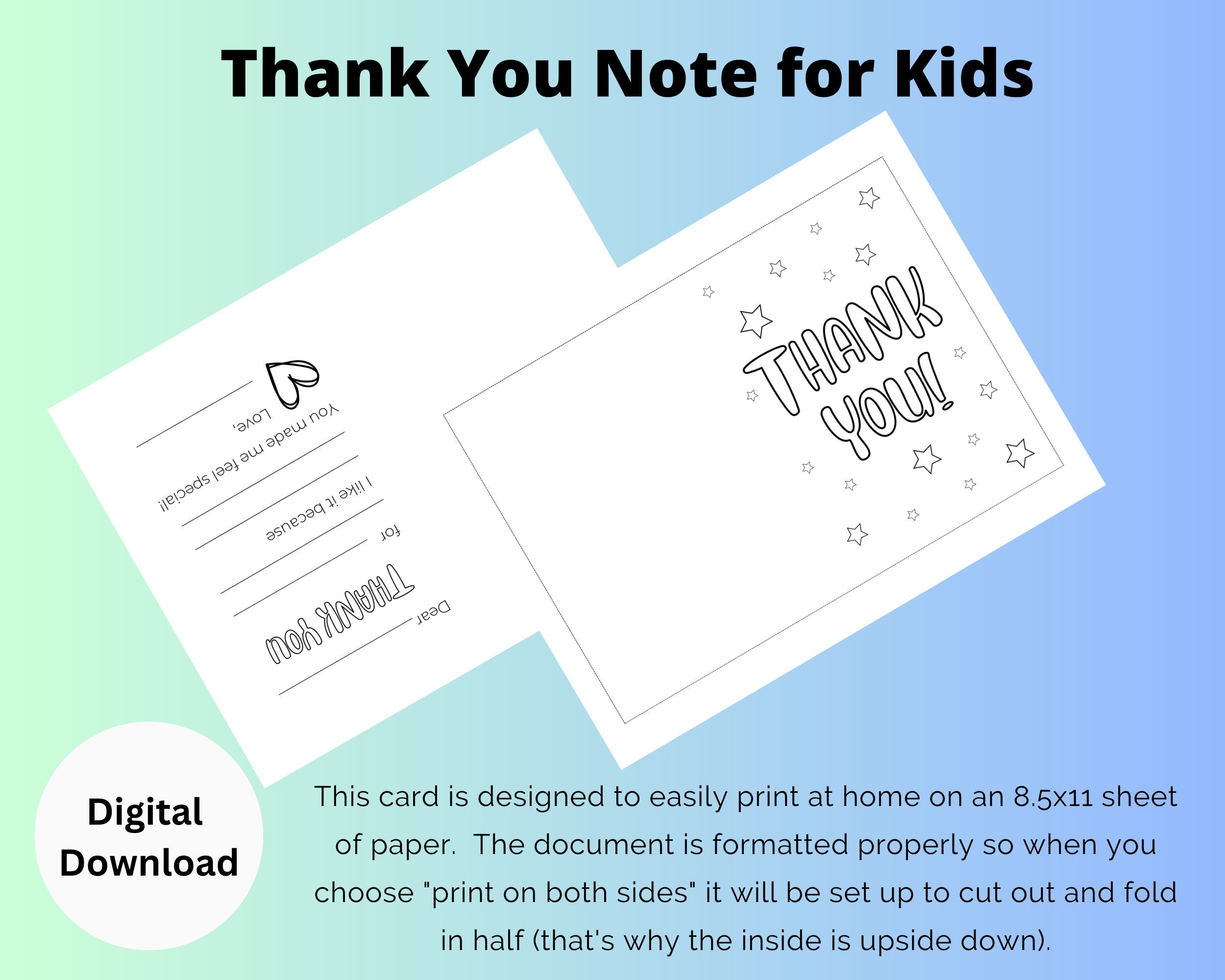 Printable Thank You Note, Kids Thank You Card Template, Instant ...