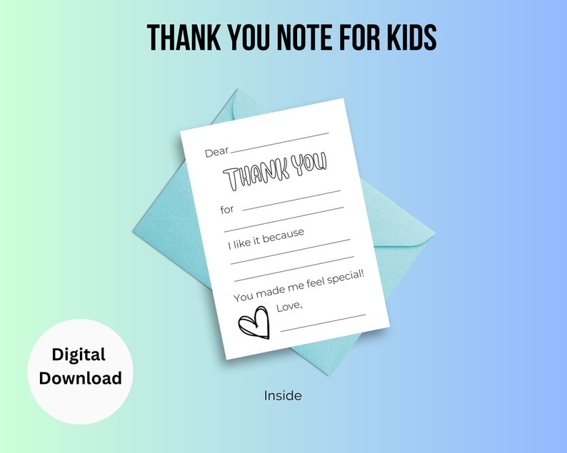 Printable Thank You Note, Kids Thank You Card Template, Instant ...