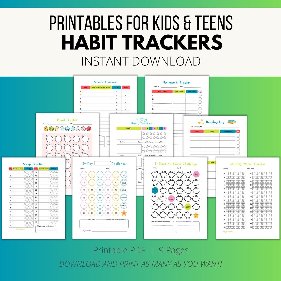 Habit Tracker for Kids and Teens, Printable Mood Tracker, Water Tracker ...