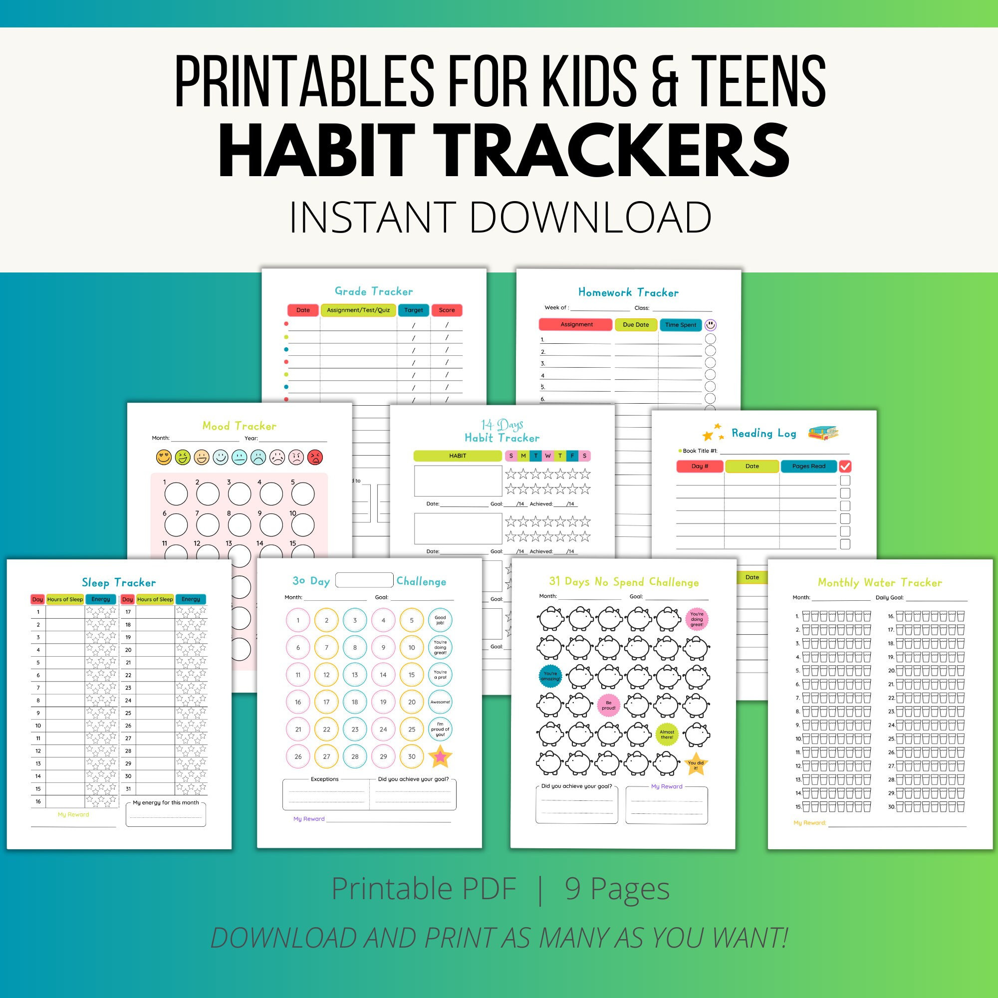 Habit Tracker for Kids and Teens, Printable Mood Tracker, Water Tracker ...
