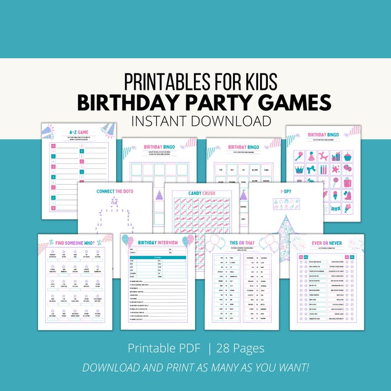 Birthday Party Games & Activities Printable, Kids Party Game Bundle ...