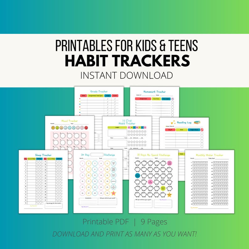 Habit Tracker for Kids and Teens, Printable Mood Tracker, Water Tracker ...