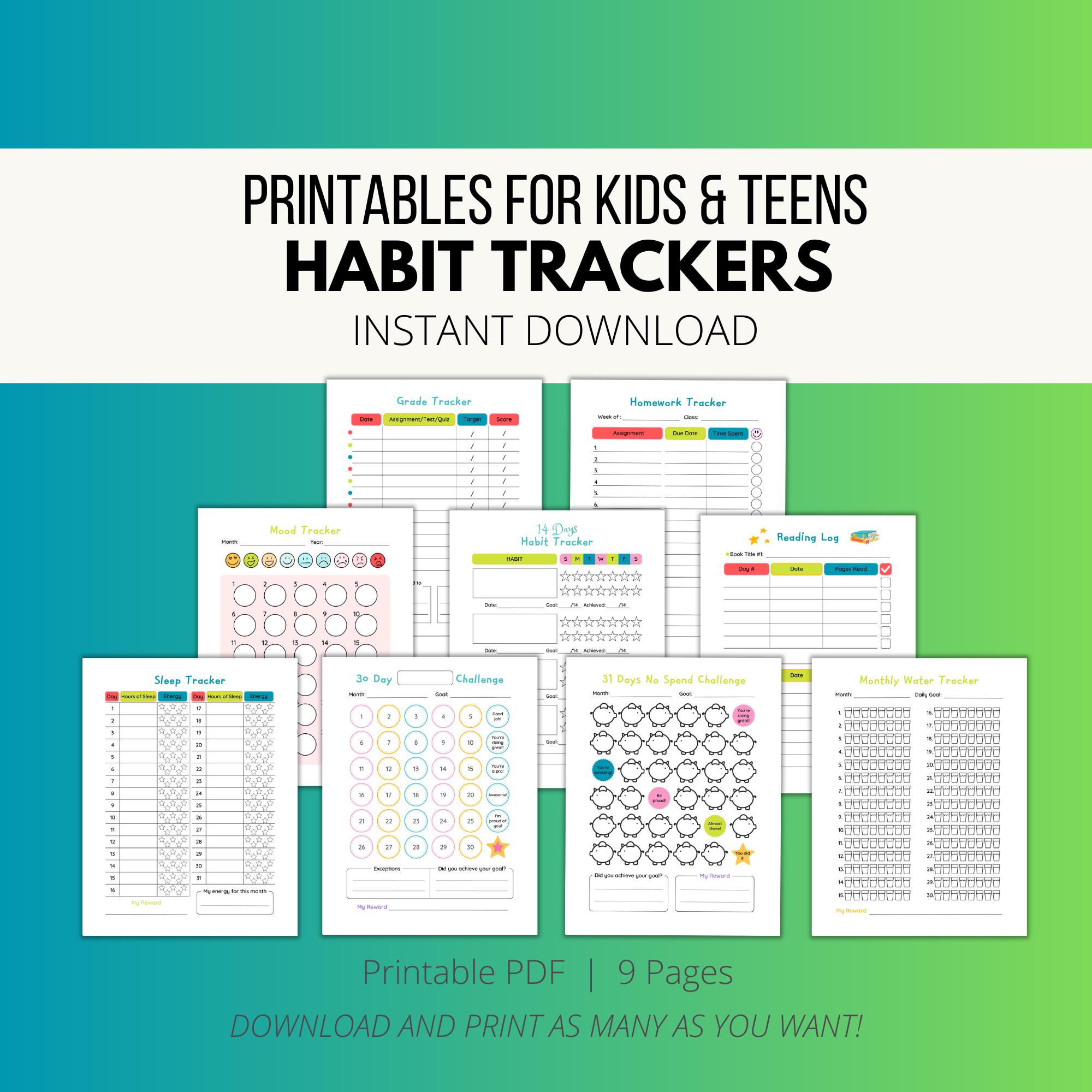 Habit Tracker for Kids and Teens, Printable Mood Tracker, Water Tracker ...