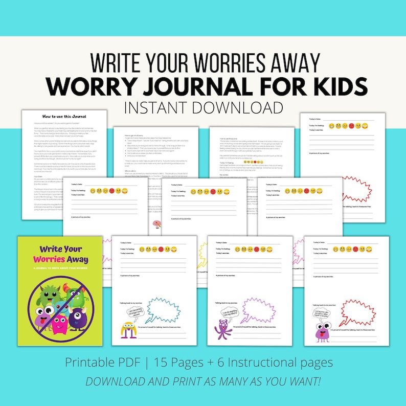 Anxiety Journal for Kids, Printable Worry Journal, Kids Mental Health ...